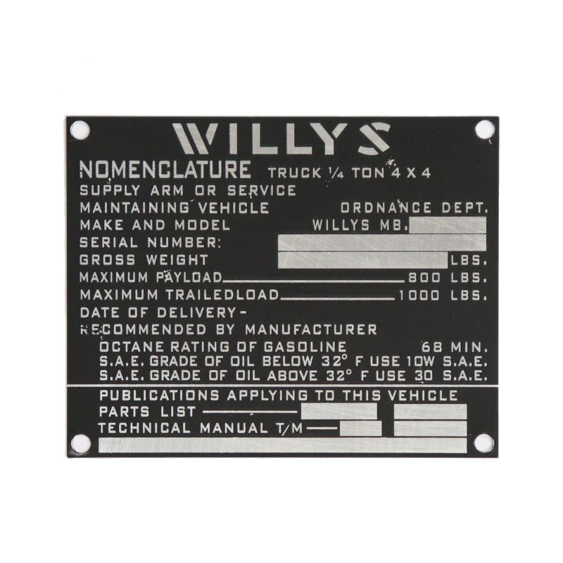 GROUP 31 Data Plates Willys MB Ford GPW M201: PLATES DATA WILLYS STEEL ...
